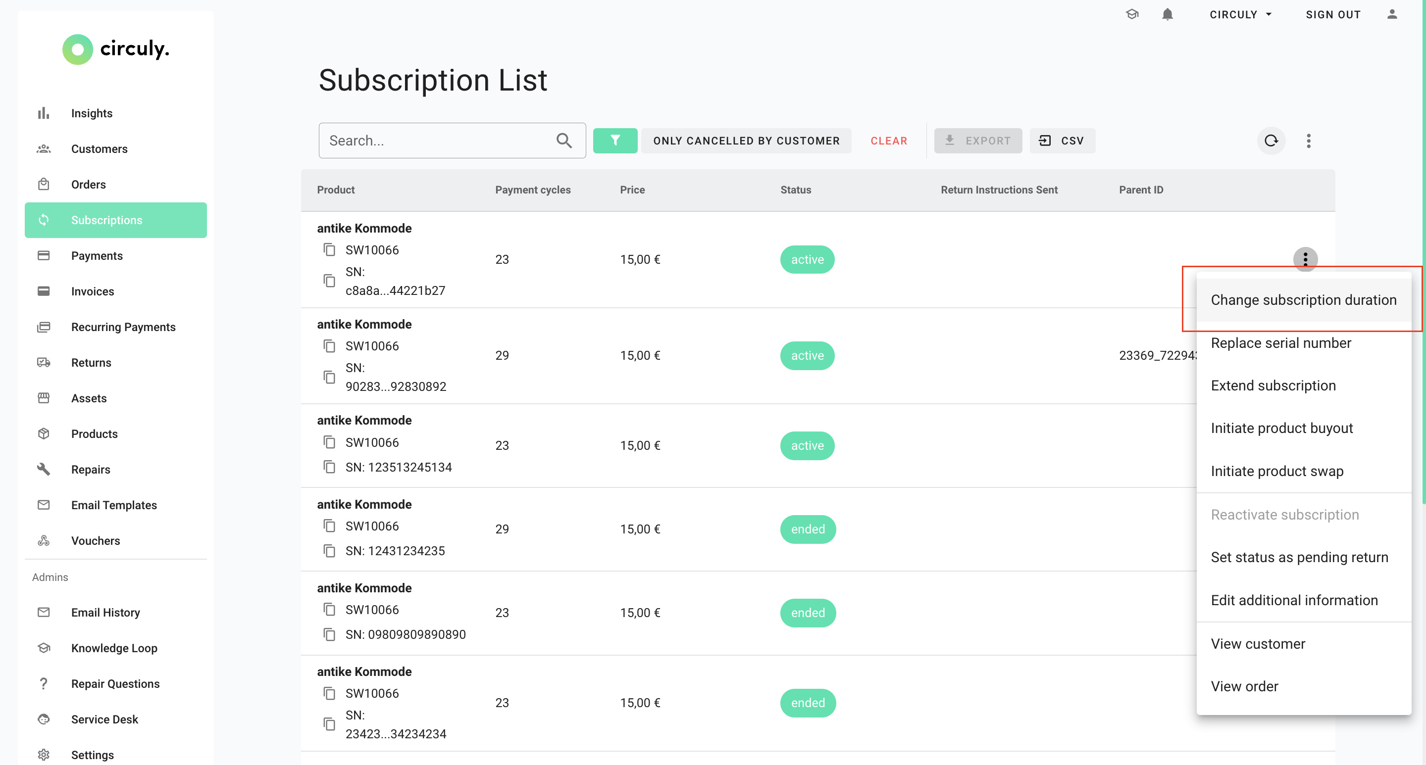 circuly knowledge loop - Change or Extend the Subscription Duration
